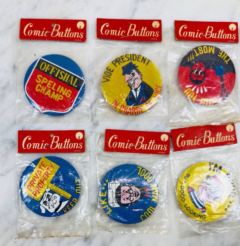 Vintage Comic Buttons Lot Original Sealed Packages 10 Pins Humor ...