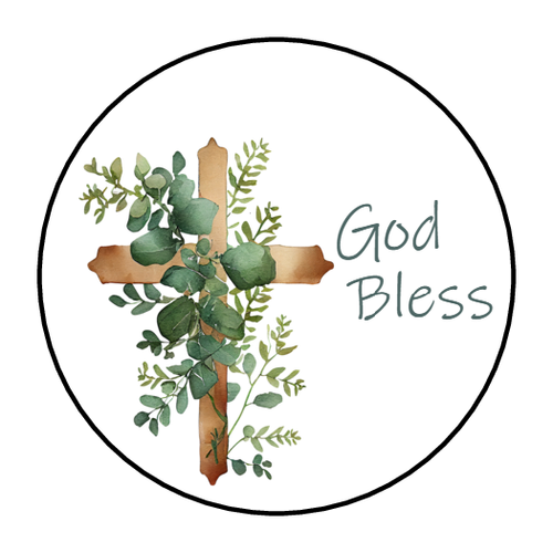 30 GOD BLESS STICKERS ENVELOPE SEALS LABELS 1.5" ROUND CROSS EUCALYPTUS ...