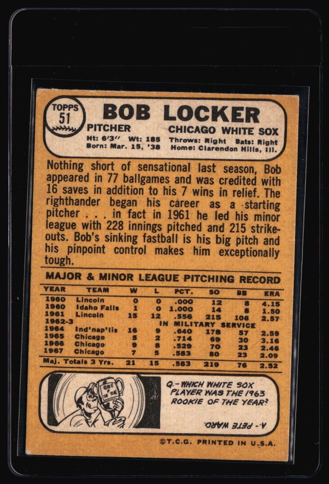 1968 Topps Bob Locker #51 Chicago White Sox L1 | eBay