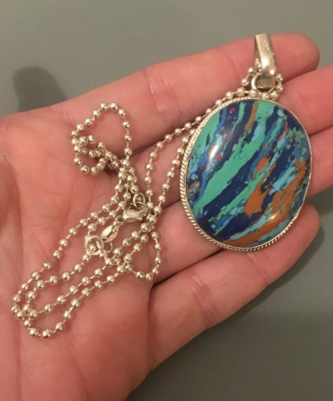 925 SILVER OVERLAY (PLATED) OVAL POLISHED STONE PENDA… - Gem