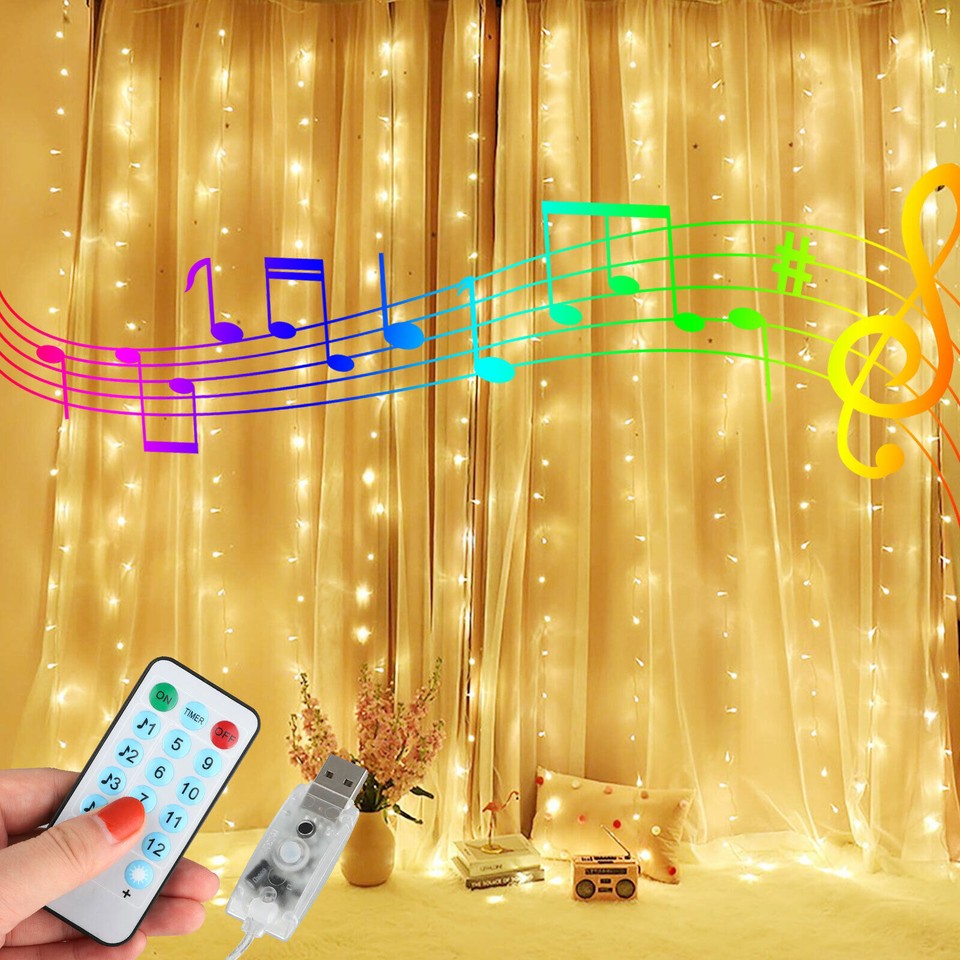 300 LED Curtain Fairy Lights Music String Light 17key Remote Xmas Party ...
