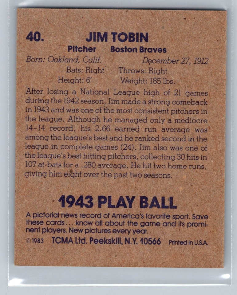 1983 TCMA #40 1943 Play Ball Baseball Jim Tobin - Boston Braves NM | eBay