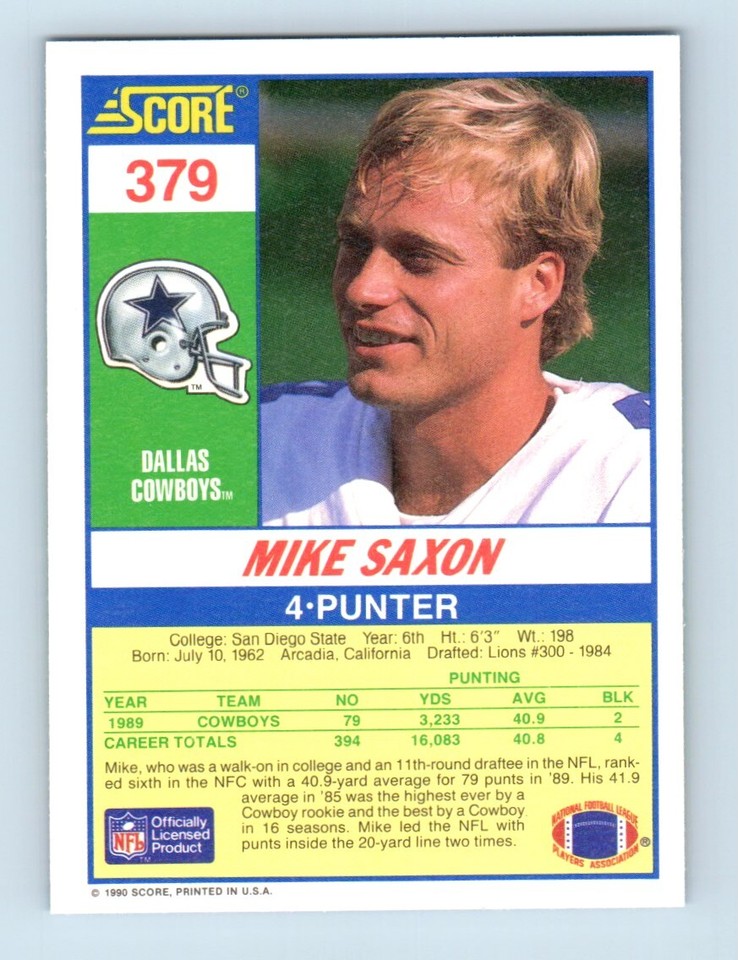 1990 Score Mike Saxon Dallas Cowboys #379 | eBay