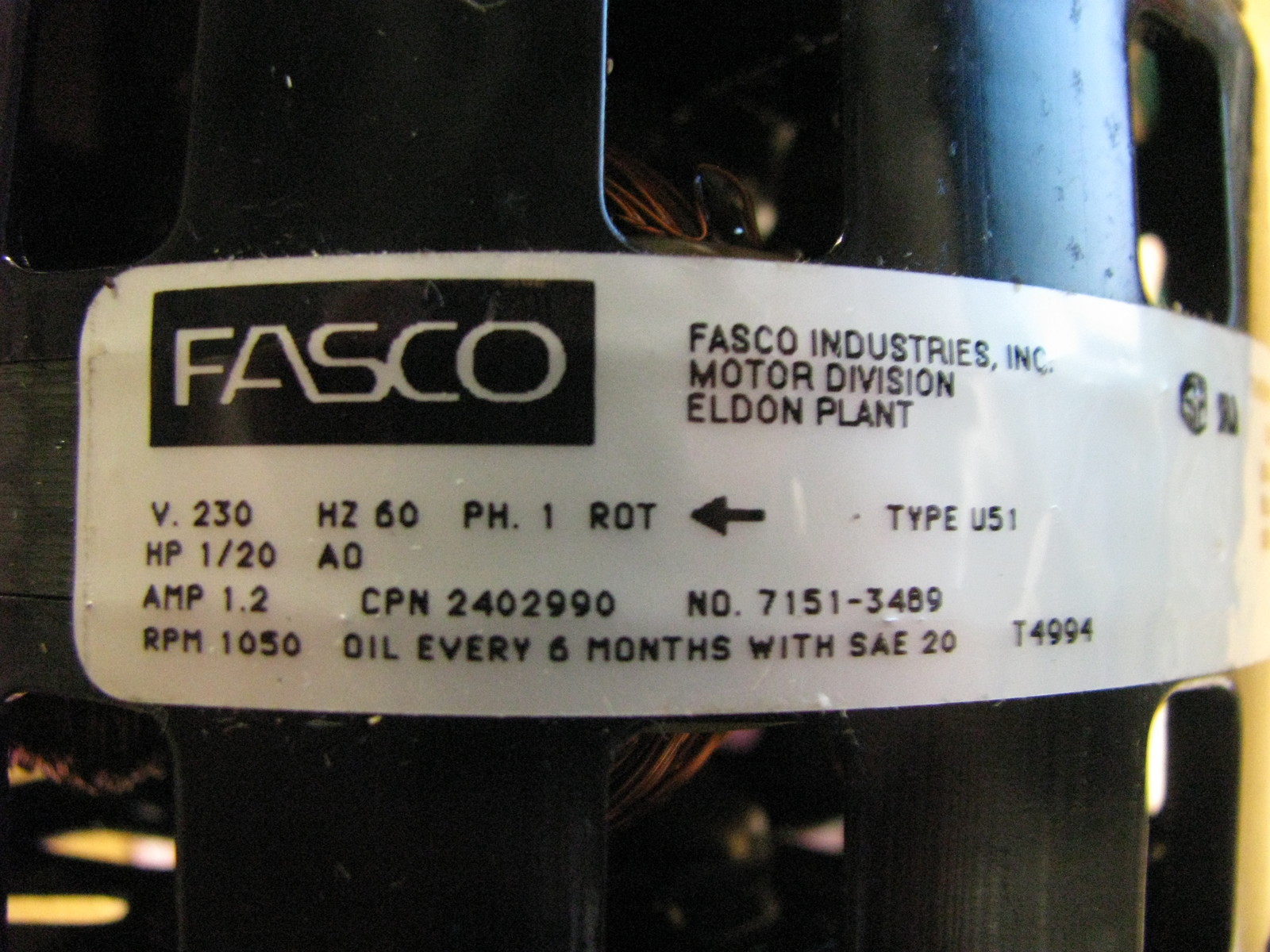 FASCO MOTOR AC # 7151-3489 NSN: 6105-01-219-4470 ( 2402990 ) | eBay