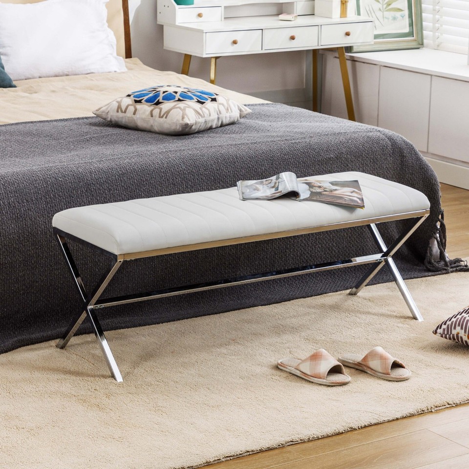 Dining Bench with Metal Base Upholstered Bedroom Bench Modern Faux ...