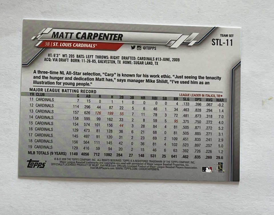 TOPPS 2020 MATT CARPENTER TEAM SET #STL-11 3B ST. LOUIS CARDINALS ...