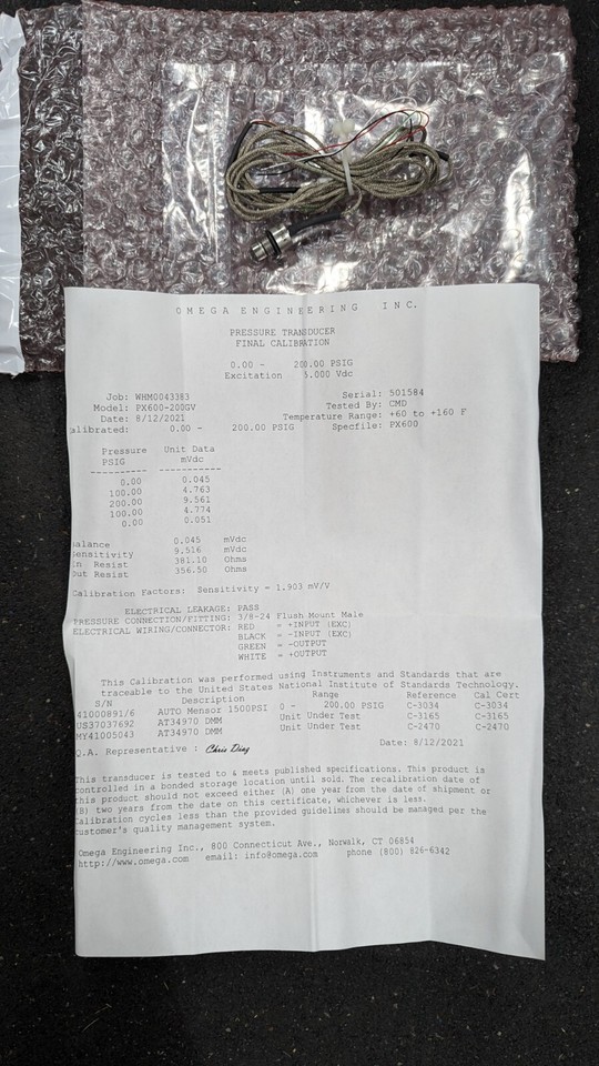 Omega PX600-200GV Pressure Sensor Transducer 0-200psi w/ Calibration ...
