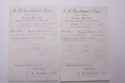 1927 Lamson Goodnow Pearlstine Hay Grain Invoice Charleston SC Ephemera ...