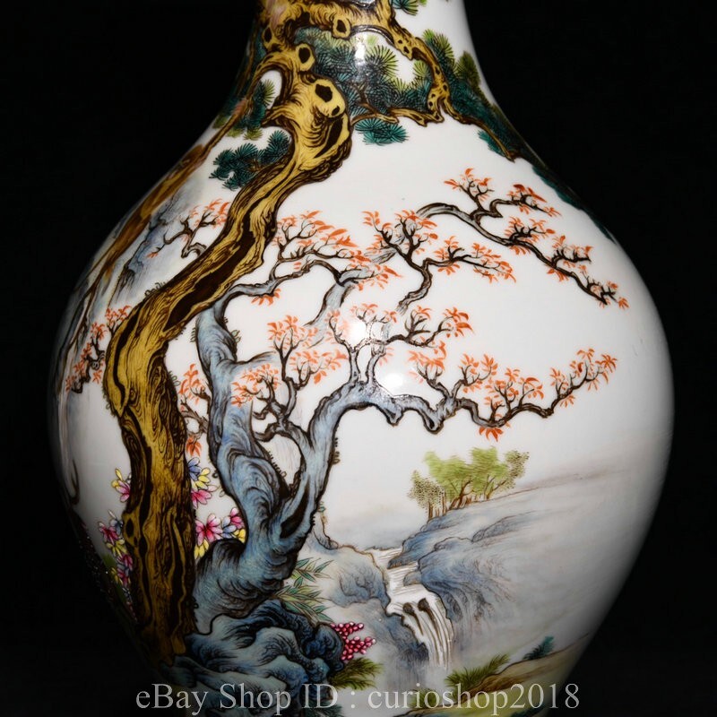 12.8" Yongzheng Marked Chinese Famille rose Porcelain Pine deer Vase ...