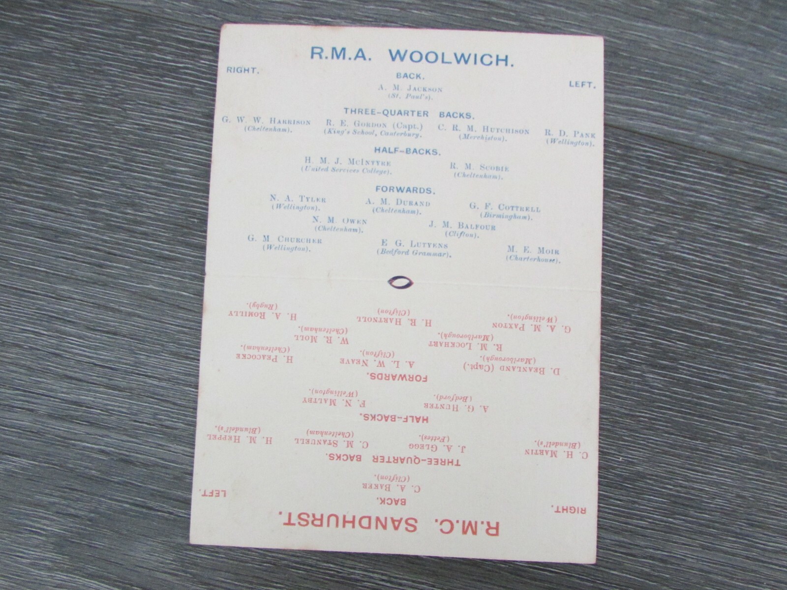 RMC Sandhurst v RMA Woolwich 1912 Original Army Rugby Football Union ...