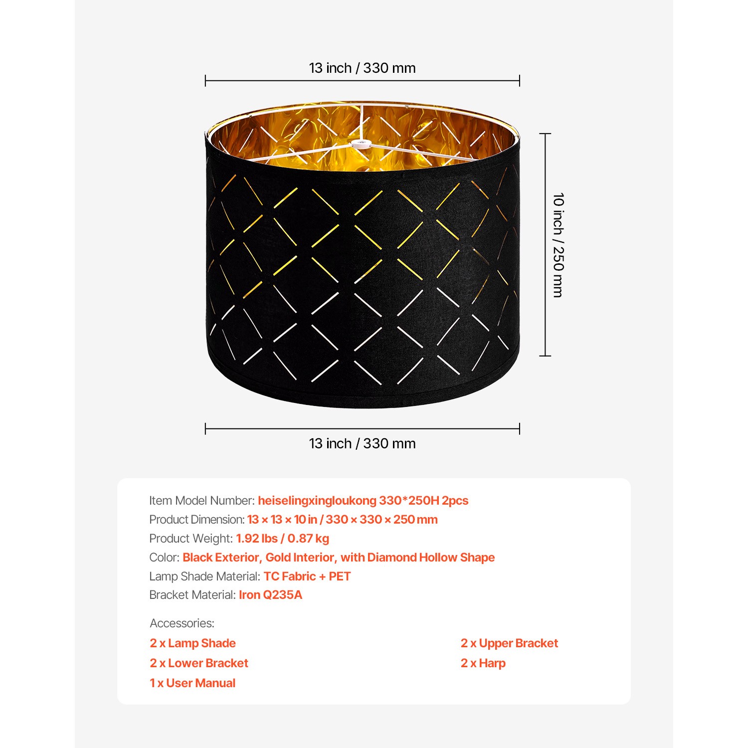 Uimoso Set of 2 Black Round Lamp Shades, 13 x 13 x 10 in with Harp | eBay