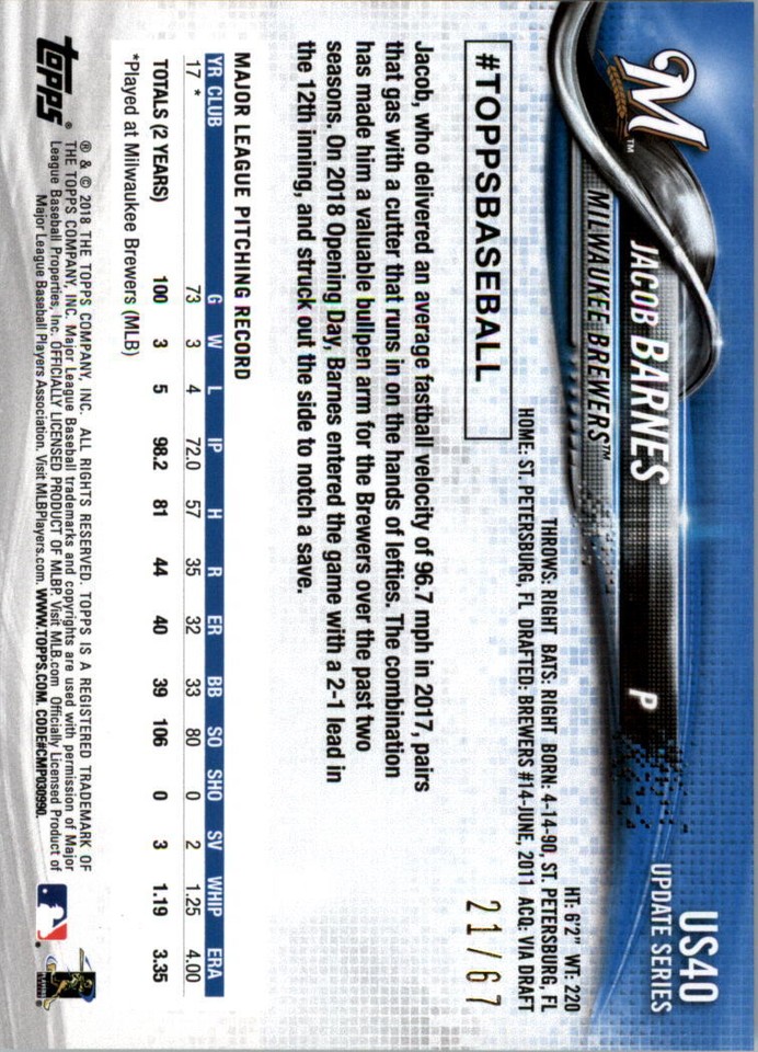 2018 Topps Update Black #US40 Jacob Barnes /67 - NM-MT | eBay