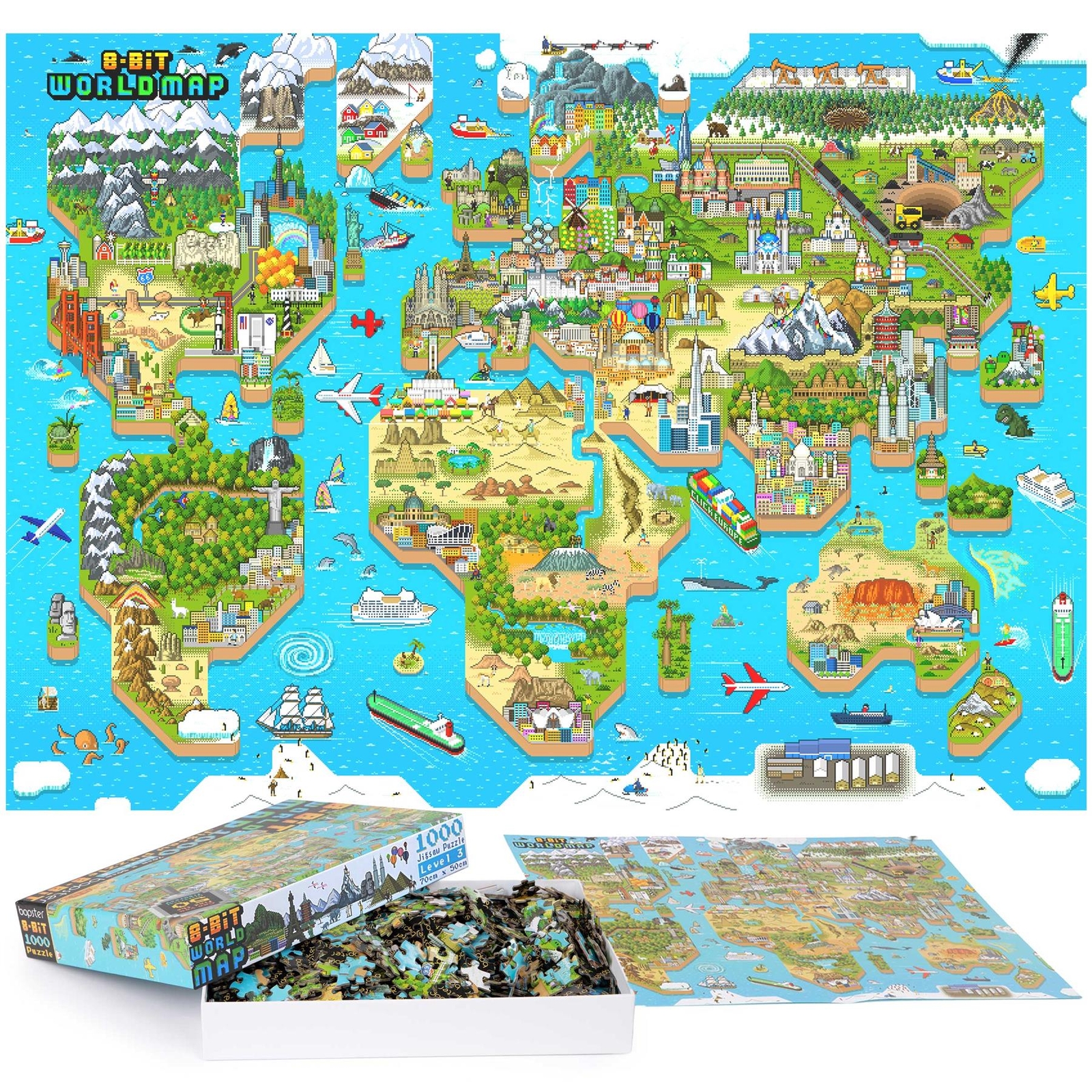 Adult Jigsaw Puzzle 8-bit World Map 1000 Pieces Level 3 100% Recycled ...