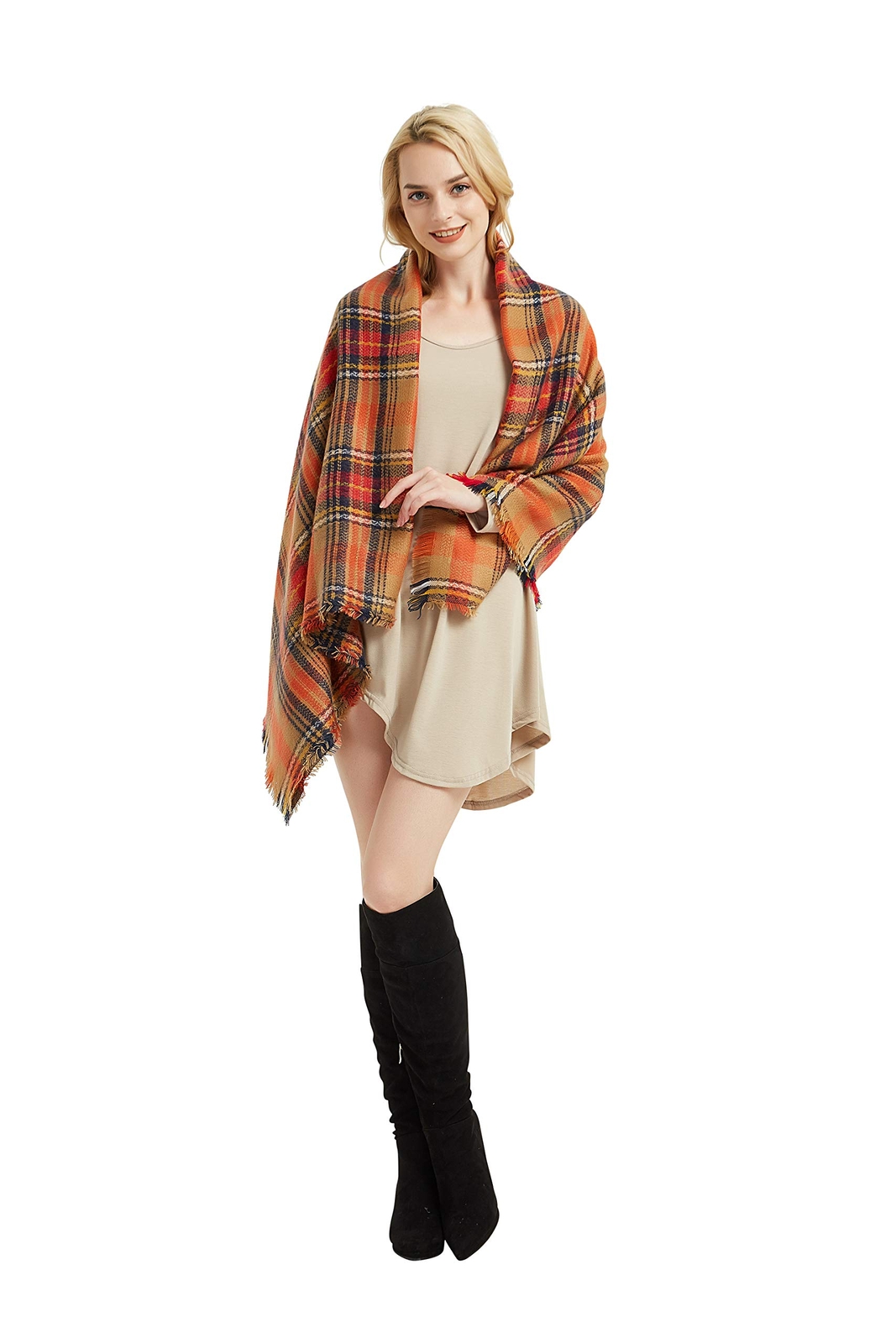 Women's Plaid Blanket Fall Winter Scarf Wrap Oversized Shawl Orange for ...
