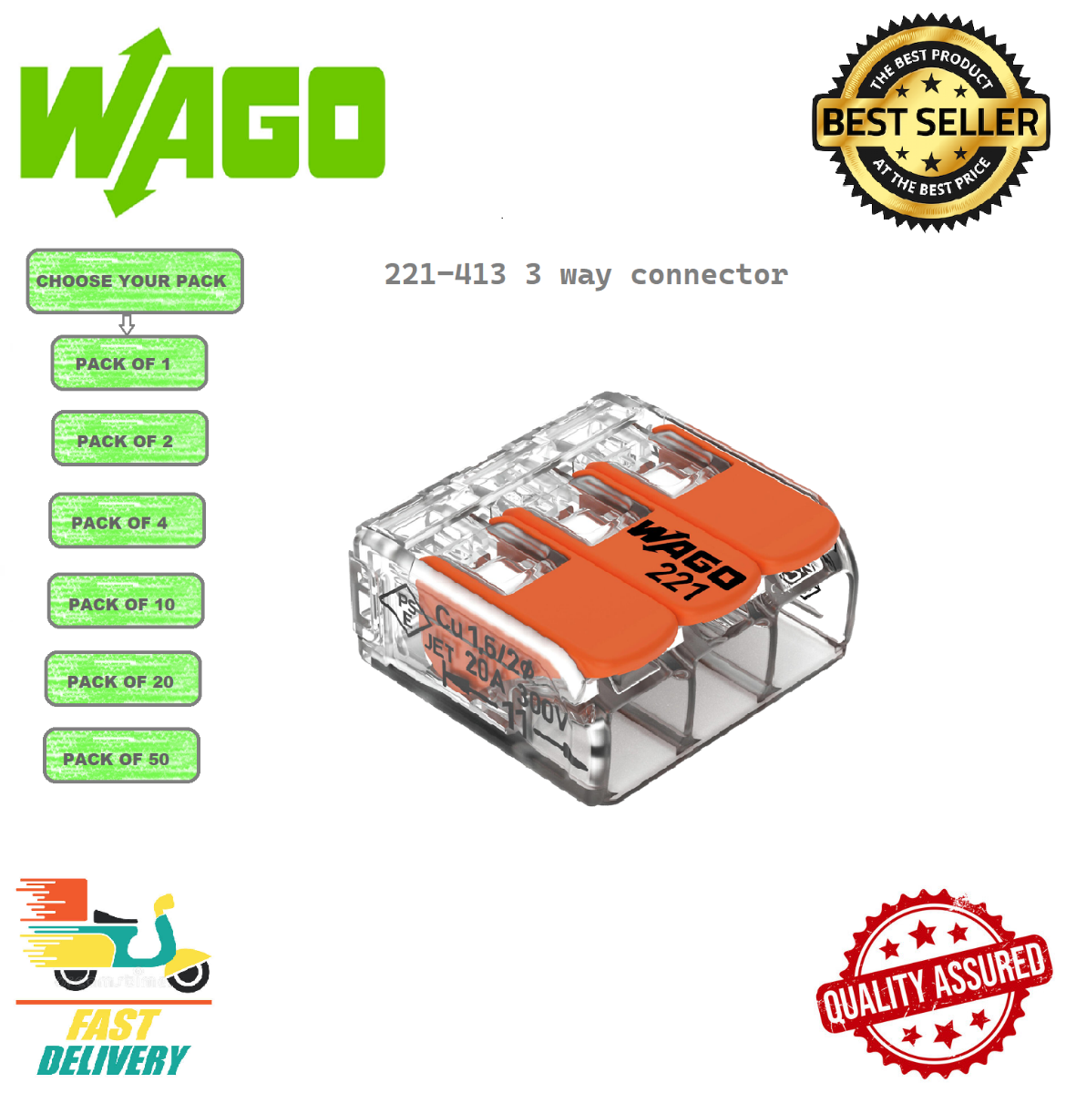 WAGO 221-413 3 Way Lever Type Push Cable Connector for sale online | eBay