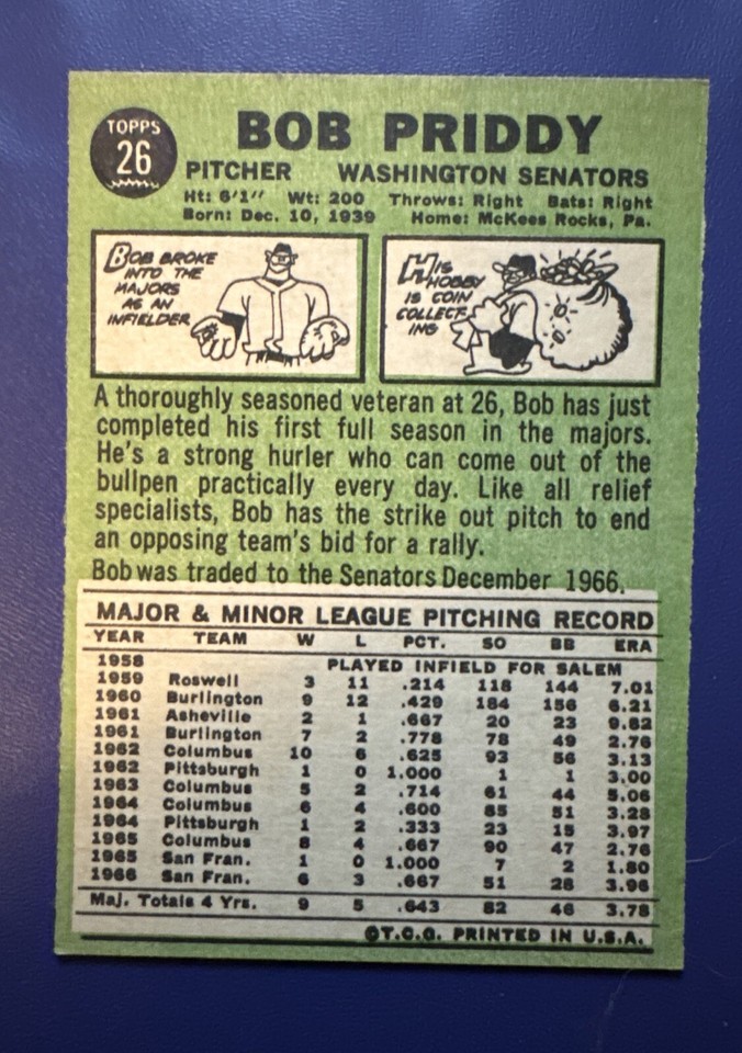 1967 TOPPS #26 BOB PRIDDY SAN FRANCISCO GIANTS PITCHER *FREE SHIPPING ...