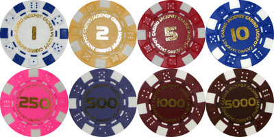 50 x NUMBERED DICE POKER CHIPS 1 Yellow 2 Red 5 Pink 250 Purple 500 ...
