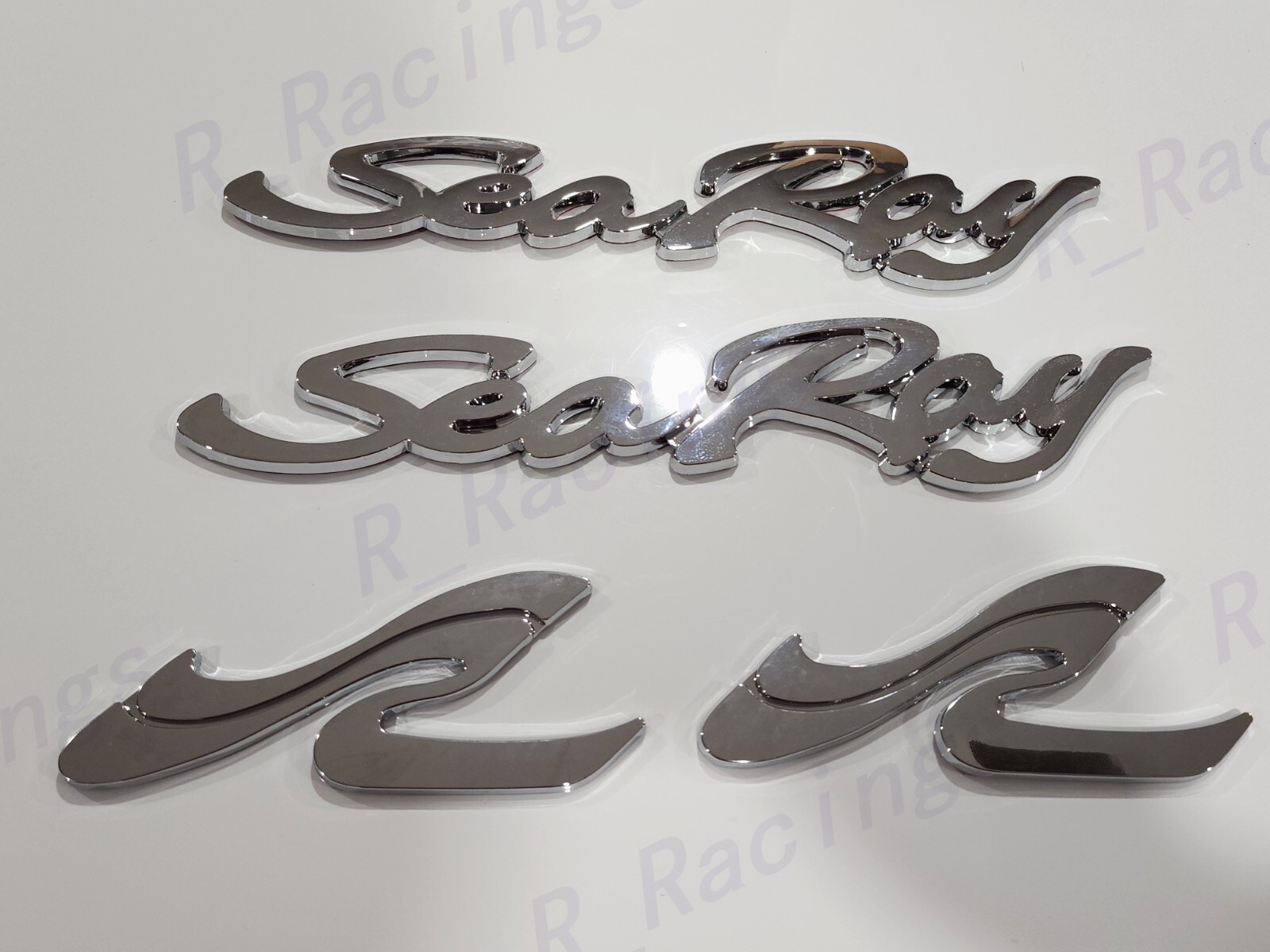 4PCS SEA RAY SEARAY SR SCRIPT CHROME EMBLEM BADGE BOAT LOGO 12-3/4" NEW ...
