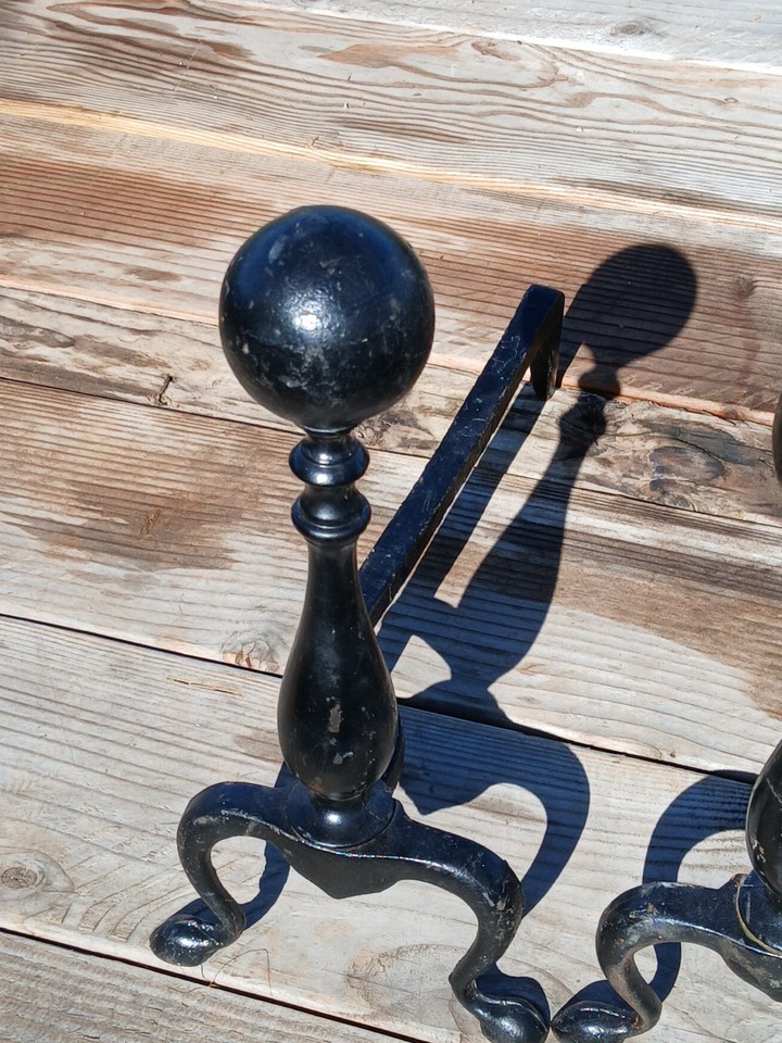 Vintage pair of cast iron Fire Dogs w/ cannonball shaped tops Heavy ...