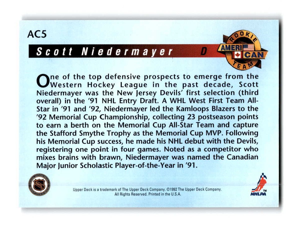 1992 Upper Deck Ameri-Can Rookie Team Scott Niedermayer AC5 | eBay