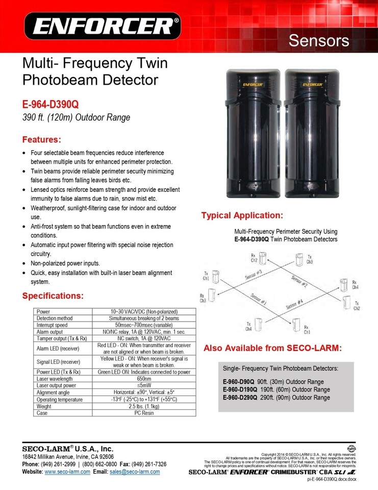 Seco-Larm E-964-D390Q Twin Photobeam Multi-Frequency Detectors w/Laser ...