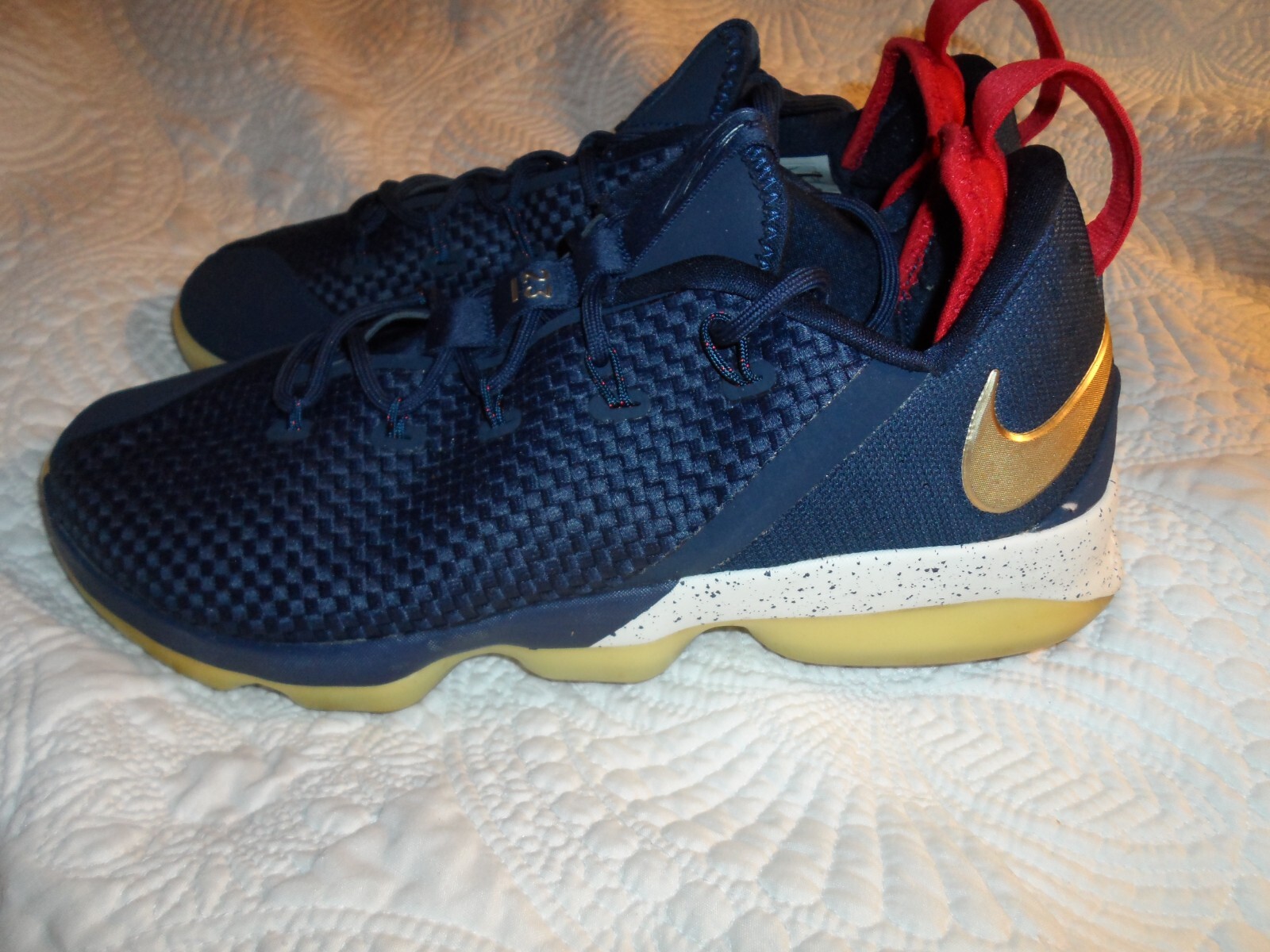 Nike*LeBron 14*NAVY BLUE-RED-WHITE*GOLD SWOOSH*SPECKLED SOLES*SZ: 13 M ...