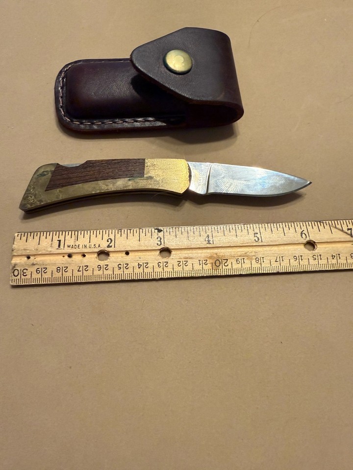 Gerber Bass Pro Shops Pocketknife Wood Brass Handle Drop Point Blade w ...