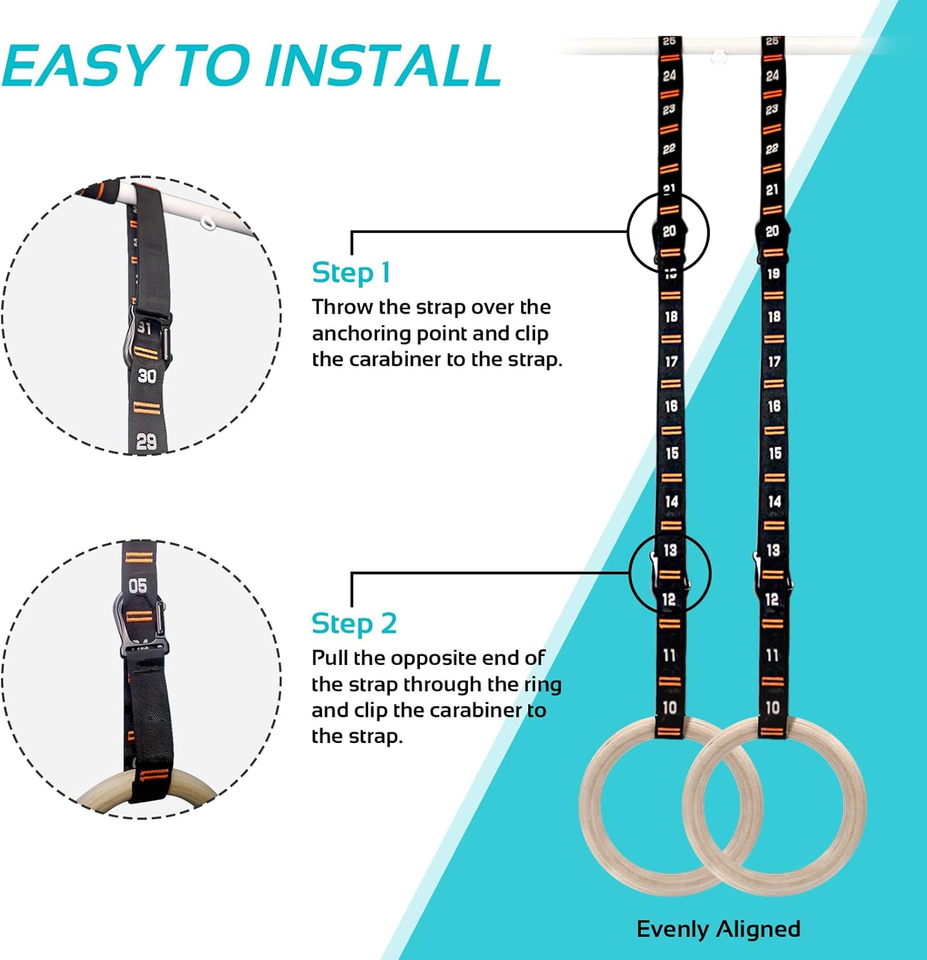 Wooden Gymnastic Rings with Adjustable Numbered Straps. 1.1'' Olympic ...