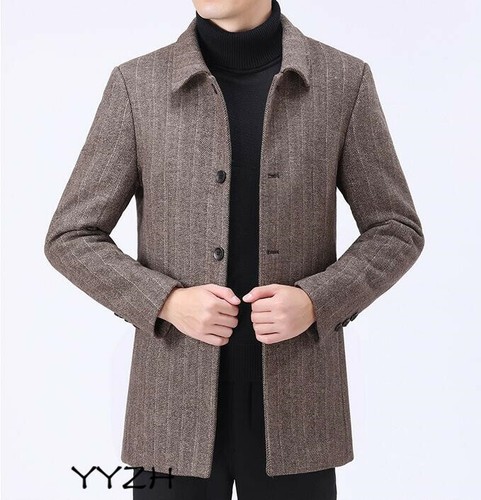 Men Causal Business Single Breasted Woolen Coat Lapel Collar Slim ...