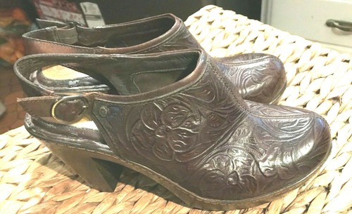 NURTURE BROWN TOOLED LEATHER "WILLOW" HIGH HEEL BOHO SLINGBACK CLOGS SZ ...