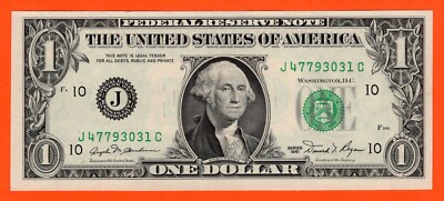 U.S. 1981 $1 Unc Banknote, J Kansas City, P-468a Federal Reserve Note ...