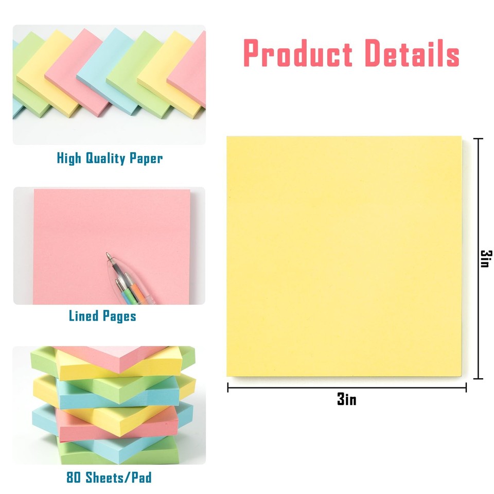 Sticky Notes 3x3 Inches Bulk 36 Pack 3600 Sheets Colored Self-Stick ...
