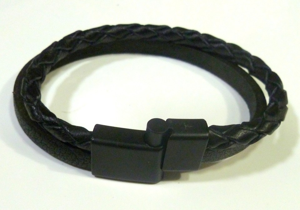 20CM Braided Black Leather Bracelet With Two Row Magnetic Clasp | eBay ...