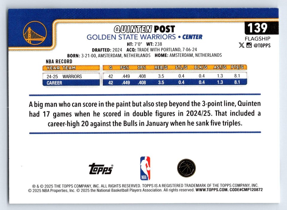 Quinten Post 2025-26 Topps #139 Golden State Warriors Basketball Card ...