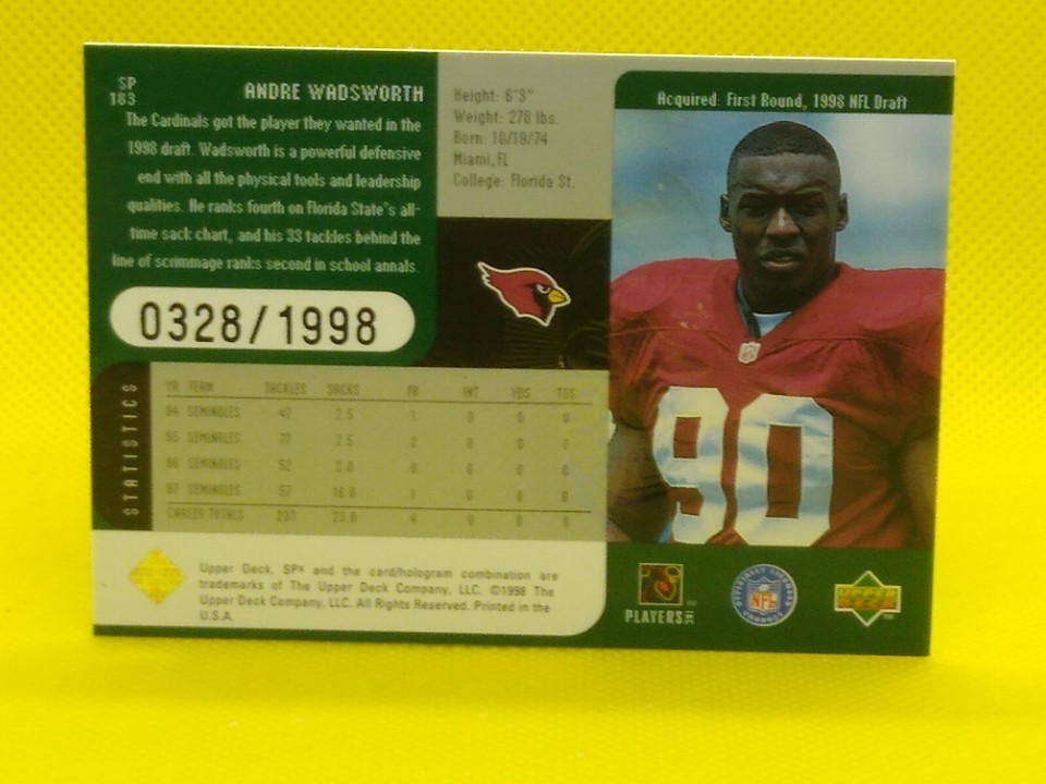 Andre Wadsworth 1998 SPX Finite ROOKIE 183 FSU Seminoles Arizona ...