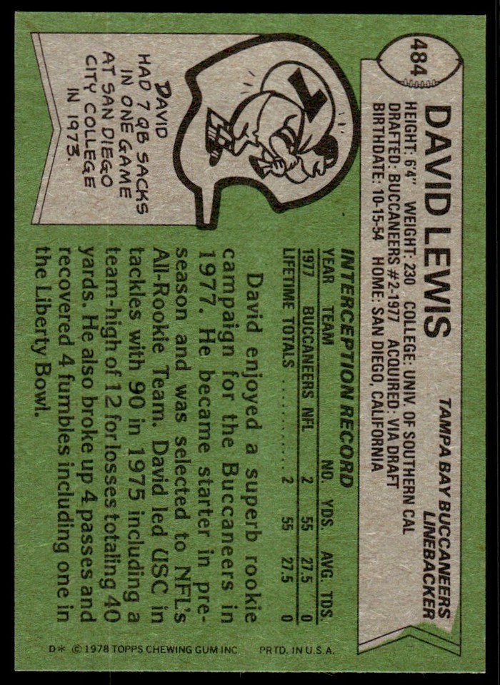 1978 TOPPS DAVID LEWIS K RC TAMPA BAY BUCCANEERS #484 | eBay