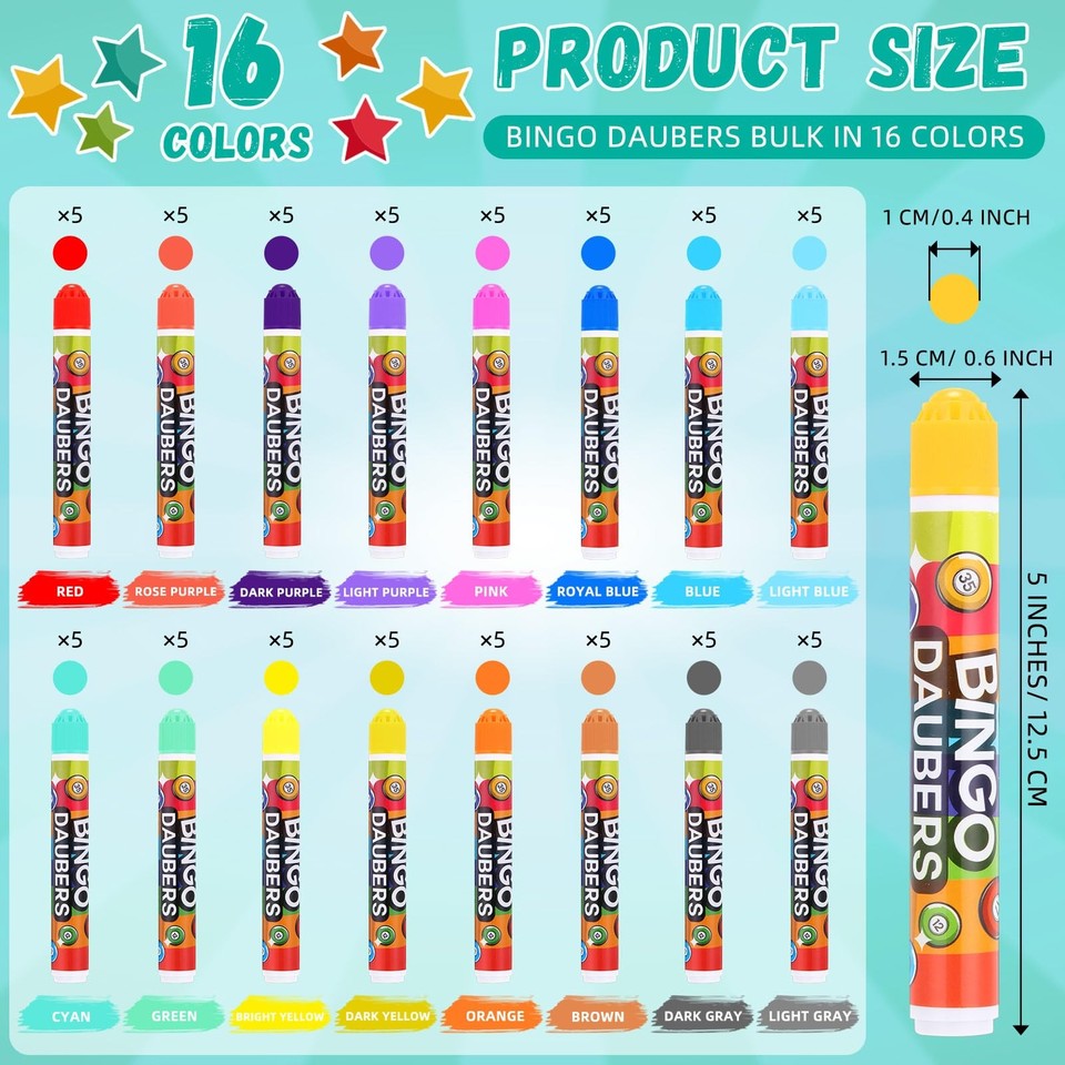 80 Pack Bingo Daubers Dot Markers, 16 Vibrant Colors, 12ml /0.4 Ozeach ...