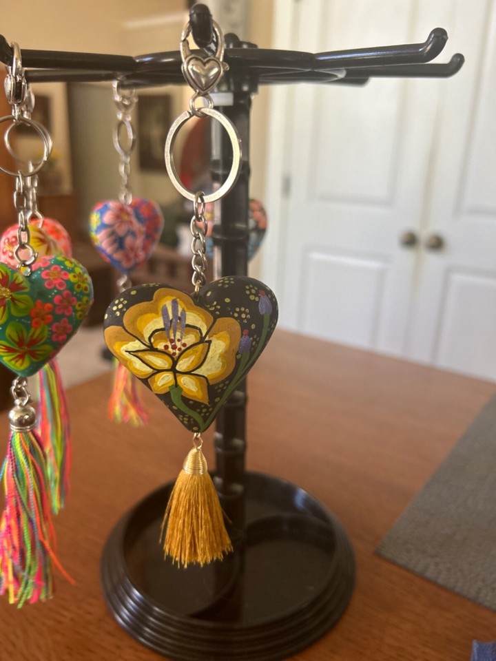 Artisan Wood Madala Heart Charm Tassel Clip on Consuela Keychain Black ...