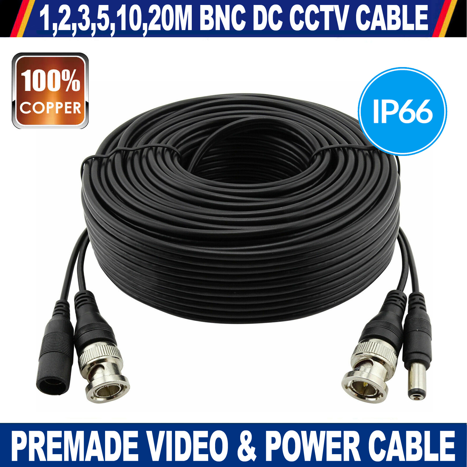 BNC DC CCTV CABLE VIDEO CAMERA DVR POWER EXTENSION LEAD 5M 10M 20M 30M ...