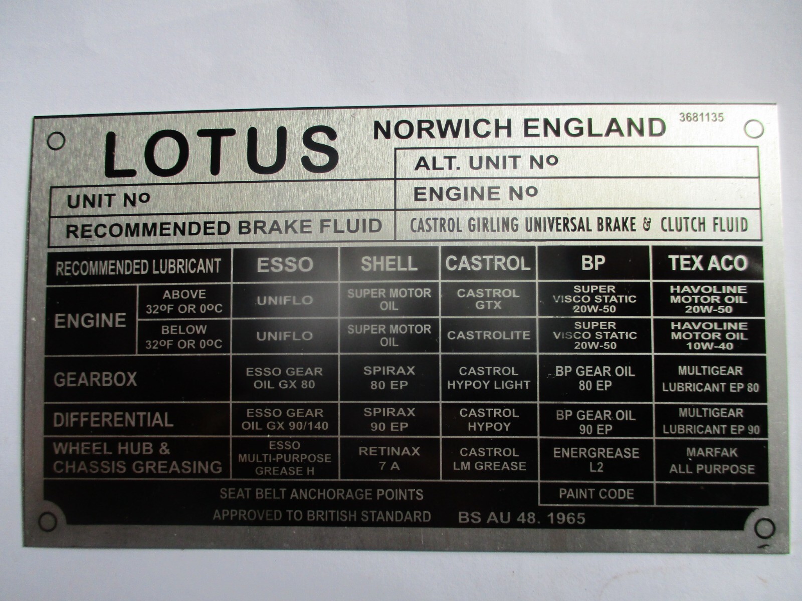 Nameplate Lotus Id-Plate Shield Lubricants Europe Elan Super Seven 7 ...