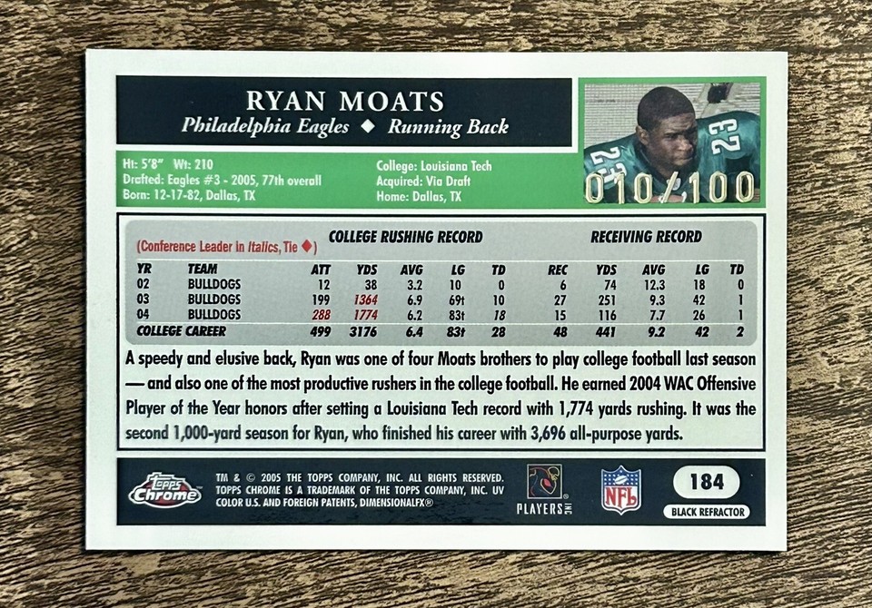 2005 Topps Chrome Black Refractor /100 Ryan Moats #184 Rookie RC | eBay