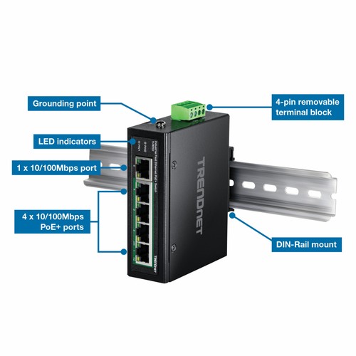 TRENDnet TI-PE50 5-Port Industrial Fast Ethernet PoE+ DIN-Rail Switch ...