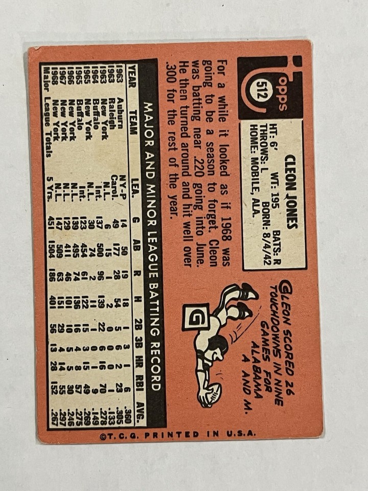 CLEON JONES 1969 TOPPS SIGNED AUTOGRAPHED CARD #512 NEW YORK METS | eBay