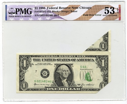 1985 $1 Federal Reserve Note Chicago PMG 53 AU EPQ Fold Over Error ...