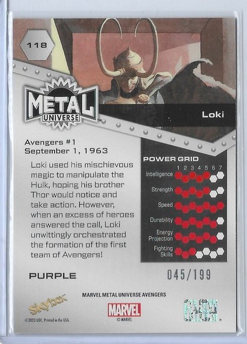 LOKI PMG PURPLE #/199 Skybox Marvel Metal Universe Avengers Precious ...