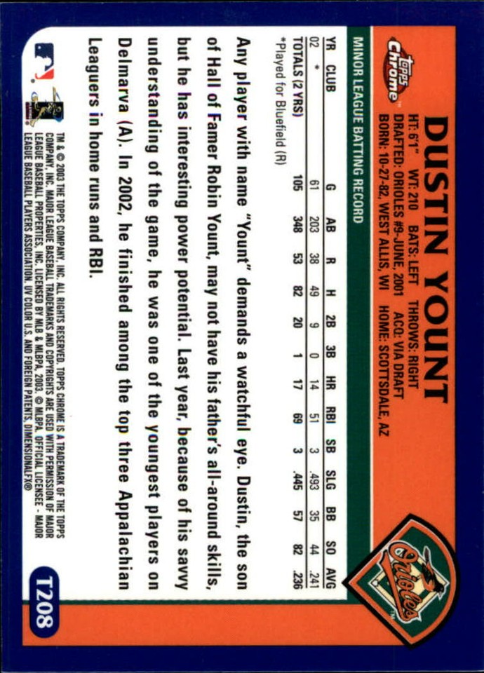 2003 Topps Chrome Traded #T208 Dustin Yount FY RC - NM-MT | eBay