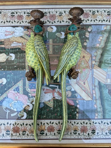 Pair Green porcelain parrot wall sconces Lights bronze mounts candle or ...