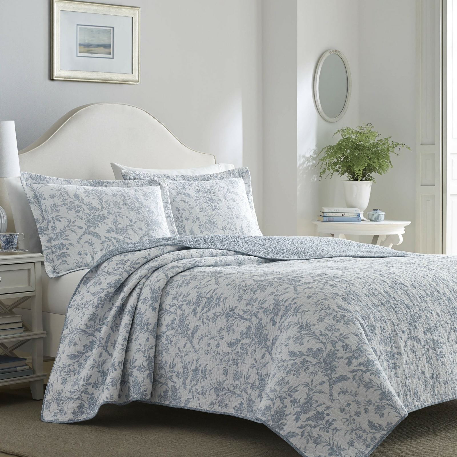 Blue White Floral Toile 3 pc Cotton Quilt Coverlet Set Twin Full Queen ...