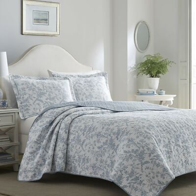 Blue White Floral Toile 3 pc Cotton Quilt Coverlet Set Twin Full Queen ...