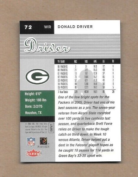 2006 Fleer Ultra Football Donald Driver Card #72 Green Bay Packers NM ...